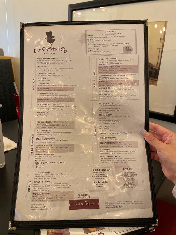 Menu at The Improper Pig @ Fort Mill BBQ, Fort Mill
