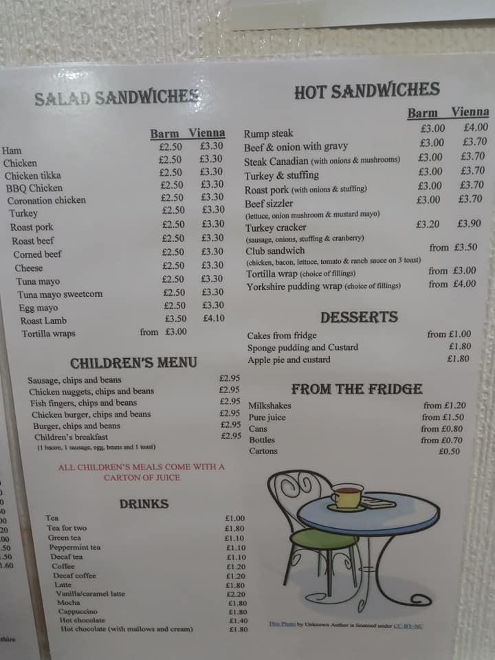 Menu at the cafe, Radcliffe, 30 Ainsworth Road