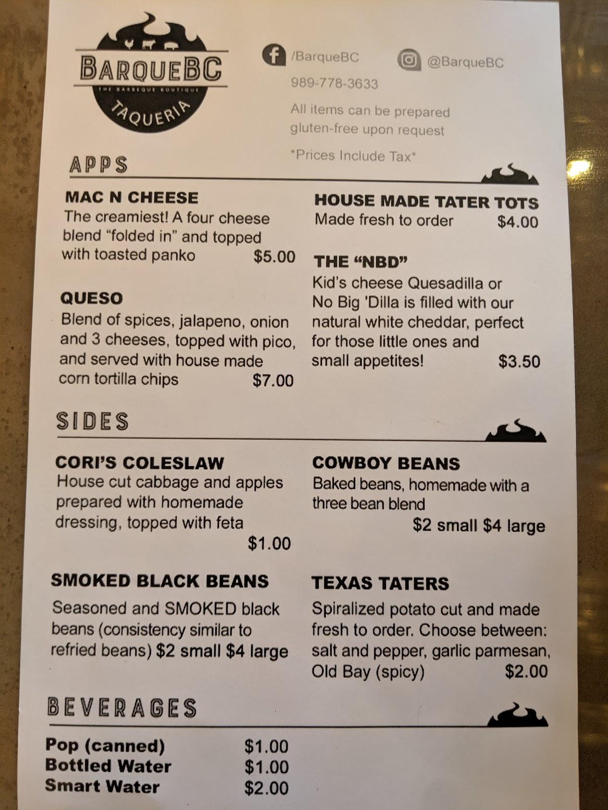 Menu at BarqueBC, Bay City