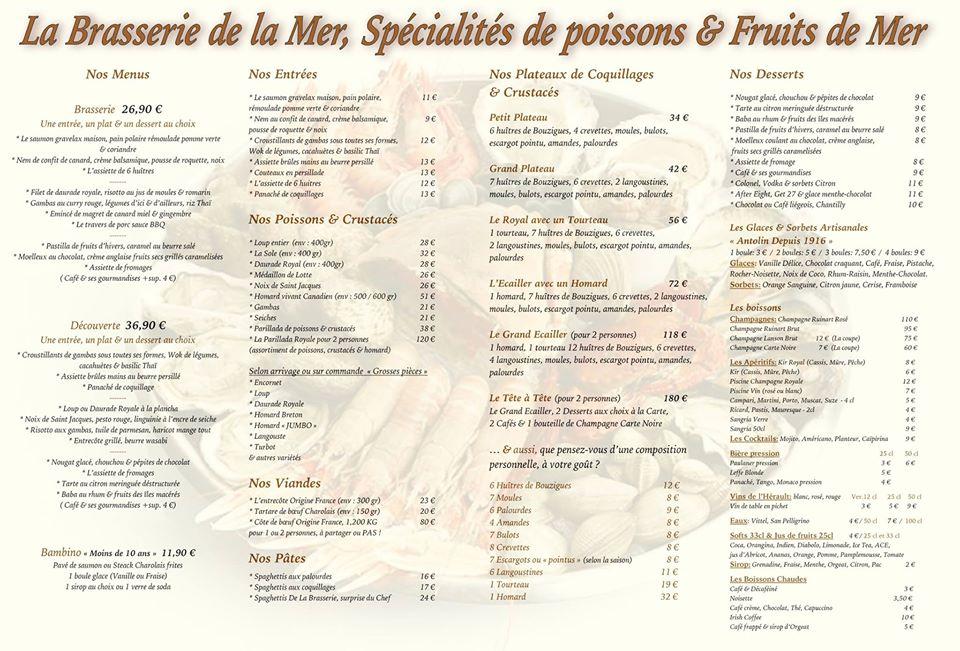 Menu at Brasserie de la mer restaurant, La Grande-Motte