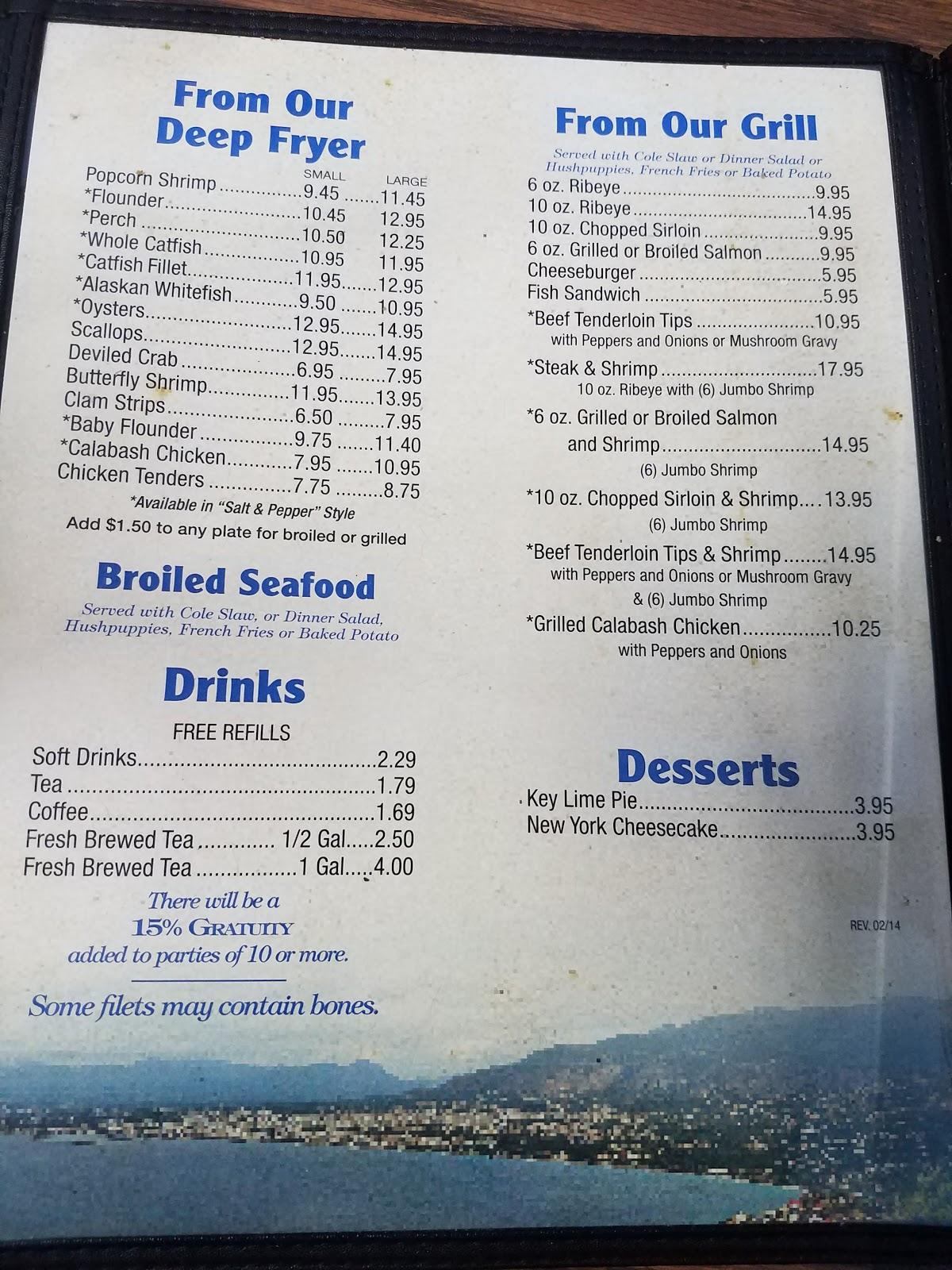 Menu at Colonial Fish Camp restaurant, Gaffney
