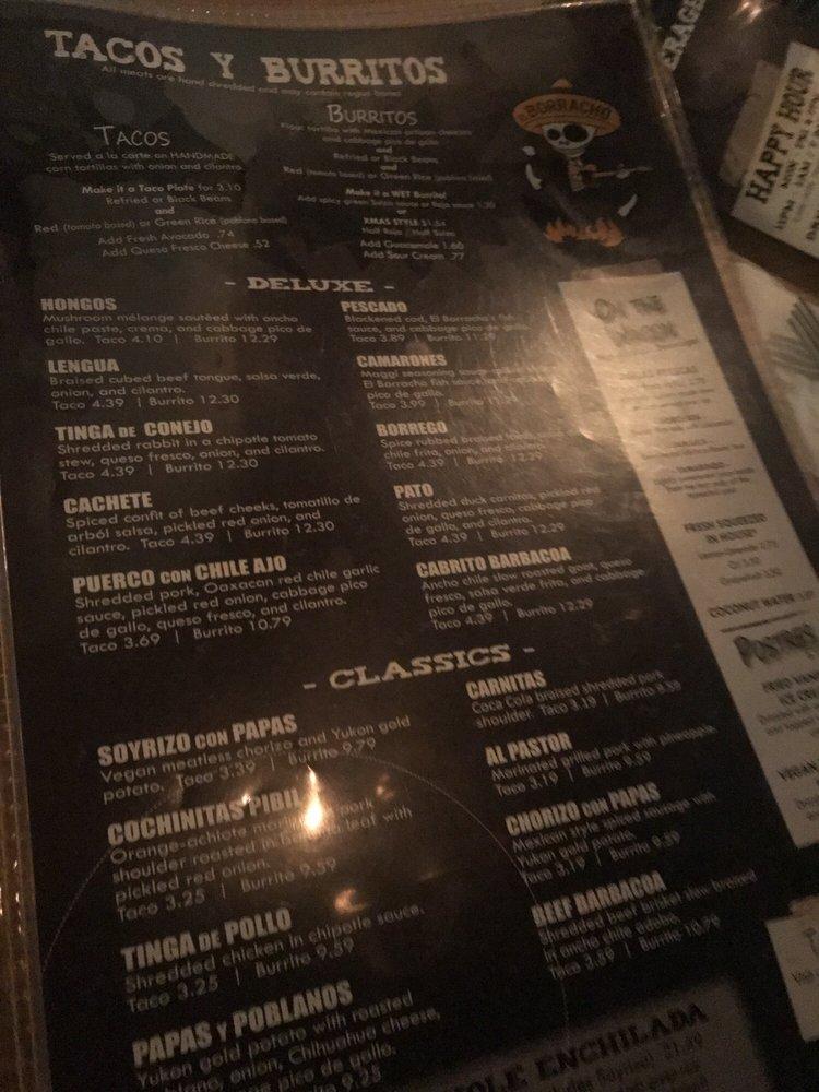 Carta del pub y bar El Borracho Tacoma, Tacoma