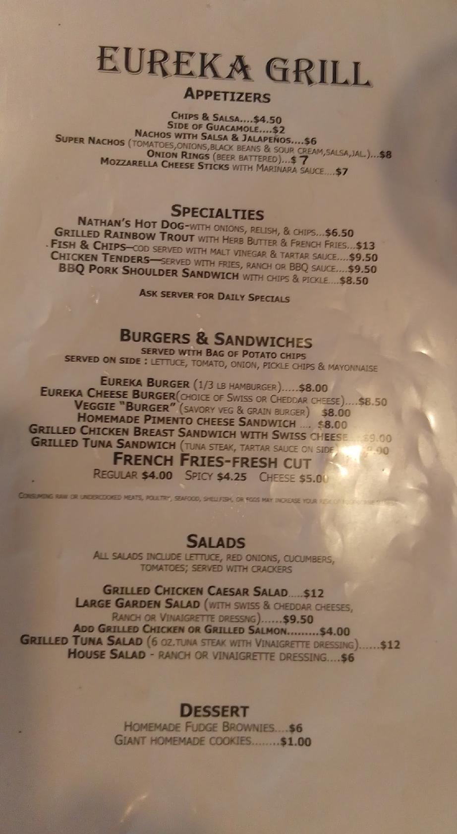Menu at Eureka Grill restaurant, Eureka Springs, 71 Spring St