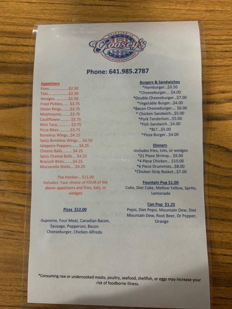 Menu at Goosey's Bar and Grill, McIntire