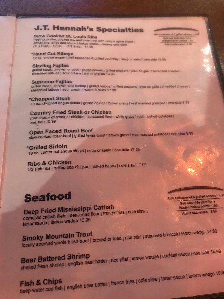 Menu at JT Hannah's Kitchen pub & bar, Pigeon Forge