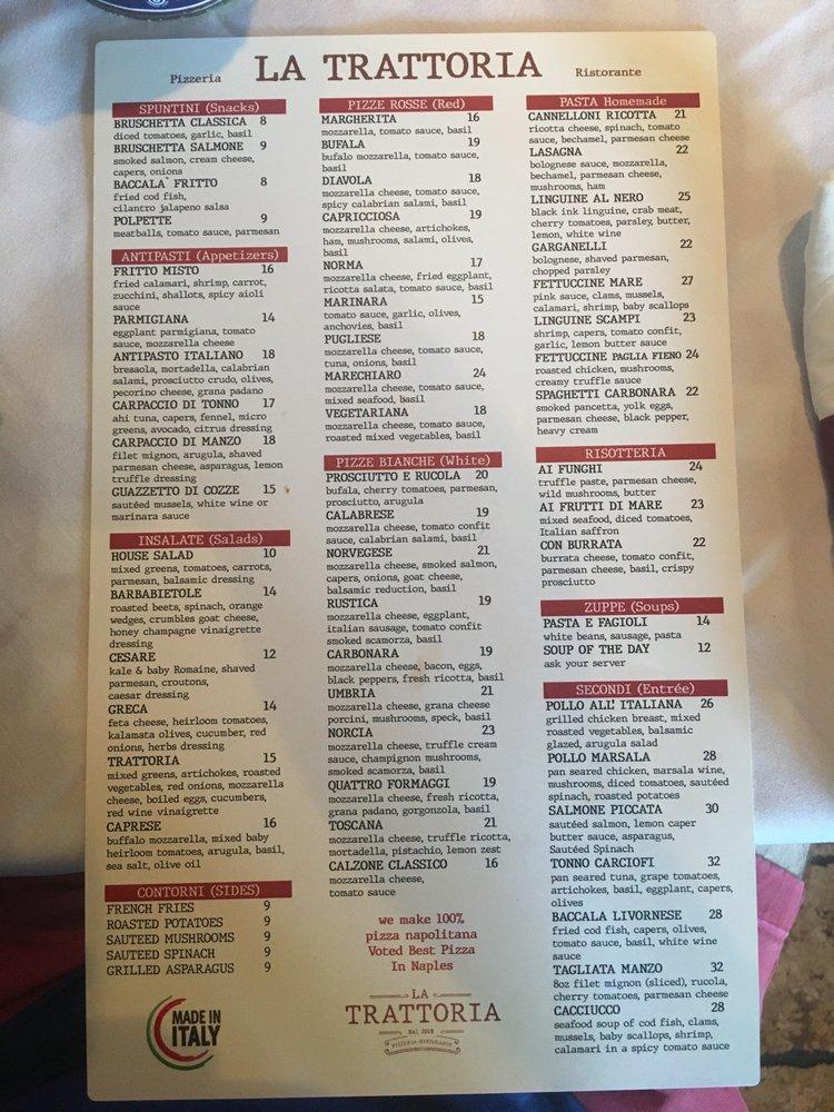 Menu at La Trattoria pizzeria, Naples