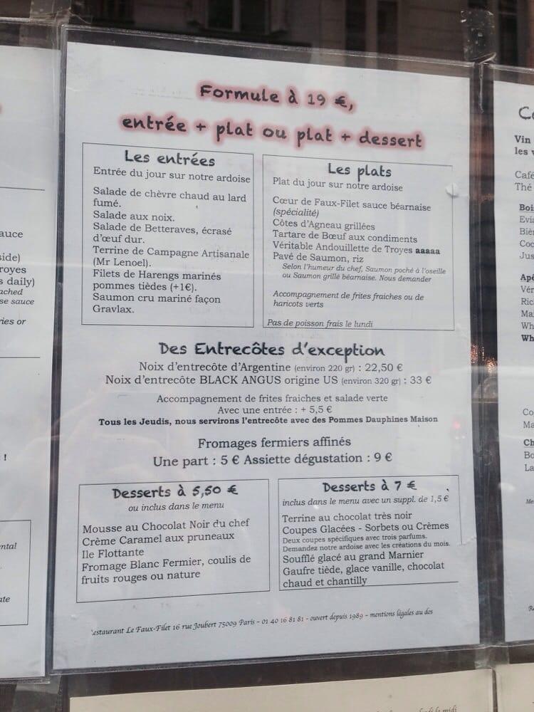 Menu at Le Faux-Filet steakhouse, Paris