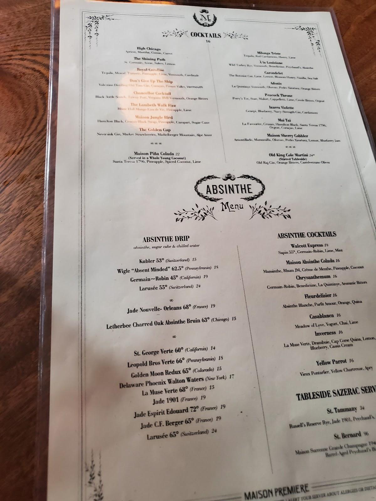 Menu at Maison Premiere pub & bar, New York City