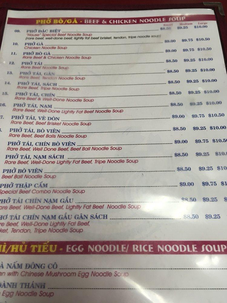 Menu at Pho Tien Thanh restaurant, Toronto