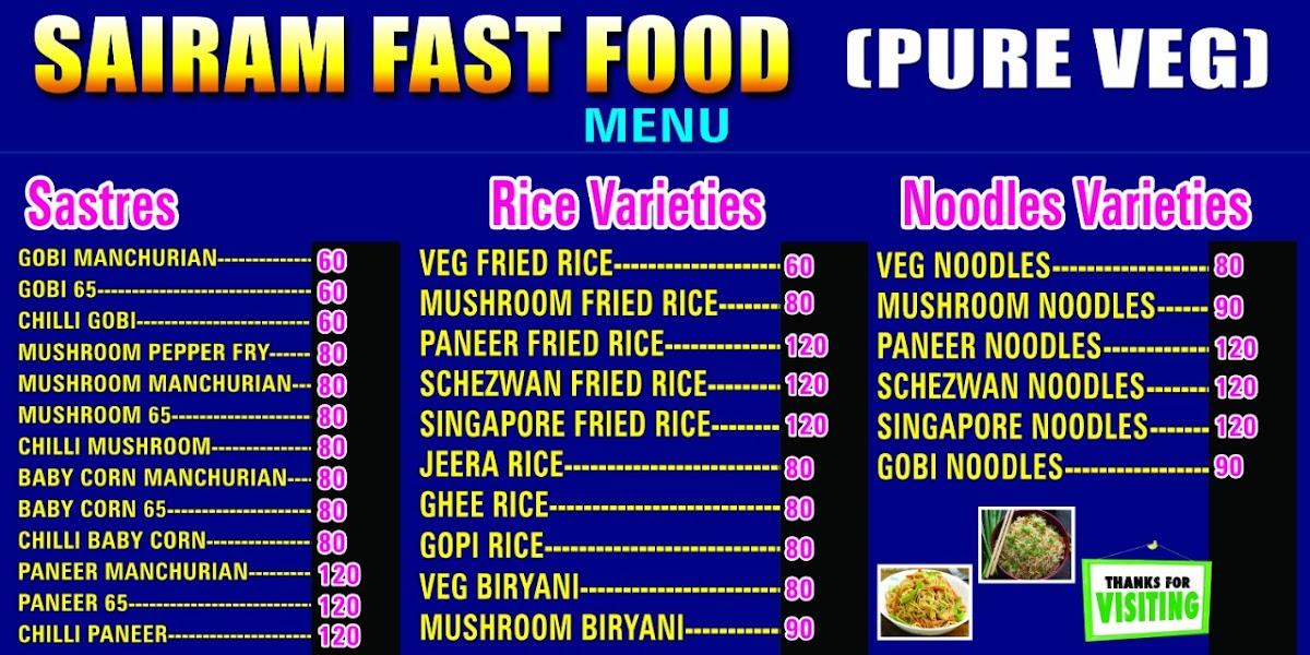 Menu at Sai ram fast food Pure veg, Shoolagiri
