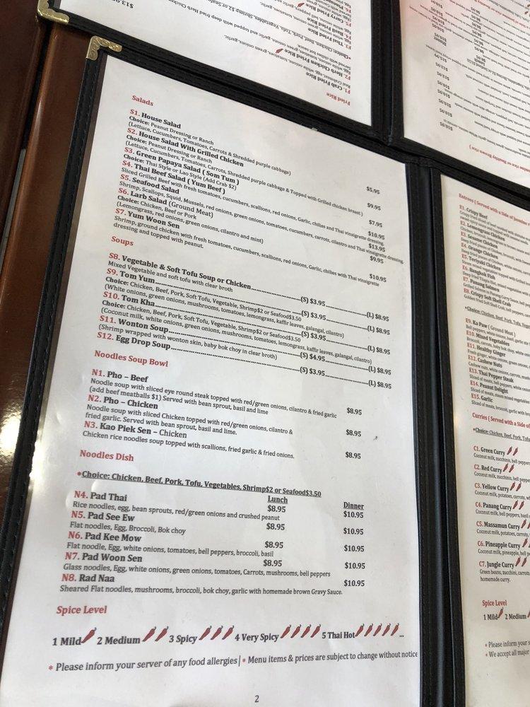 Menu at Sunny Thai restaurant, Arlington