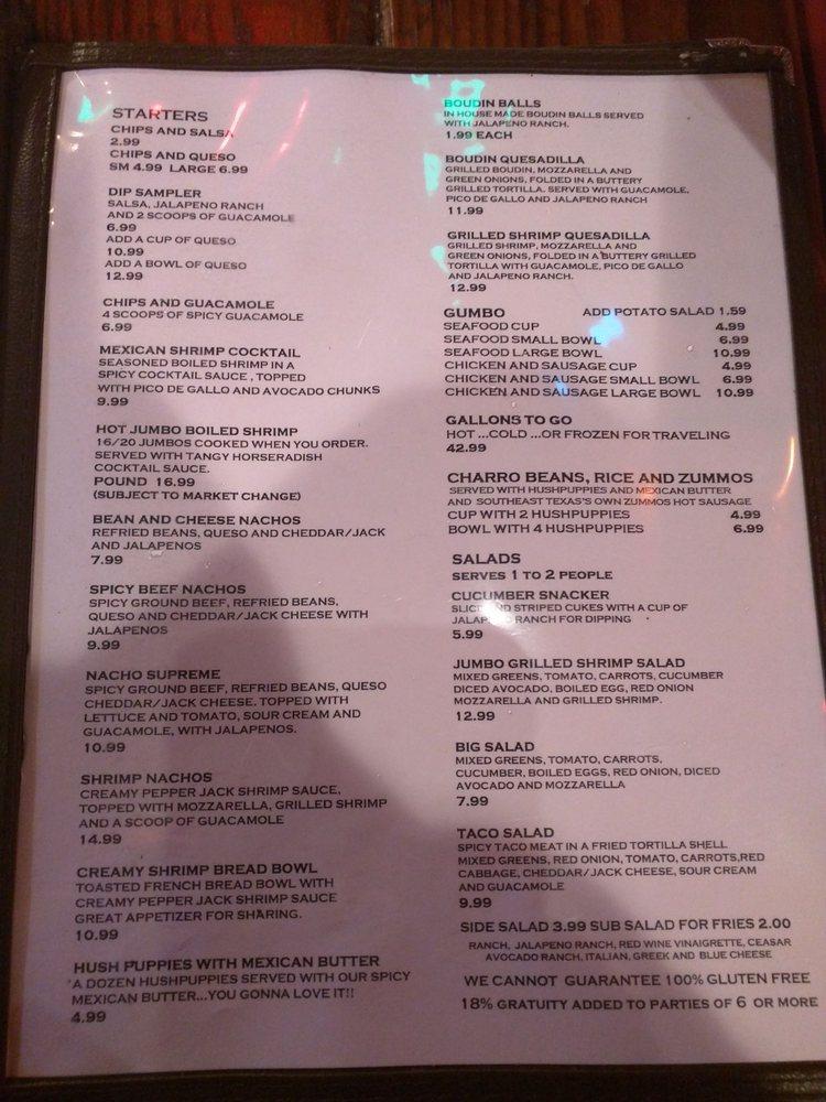 Menu at Tia Juanita's Fish Camp restaurant, Lumberton