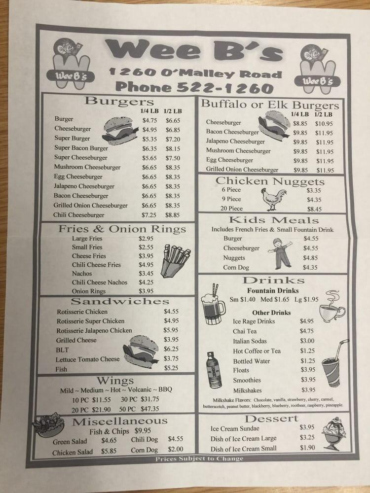 Menu at Wee B's restaurant, Anchorage, O'Malley Rd