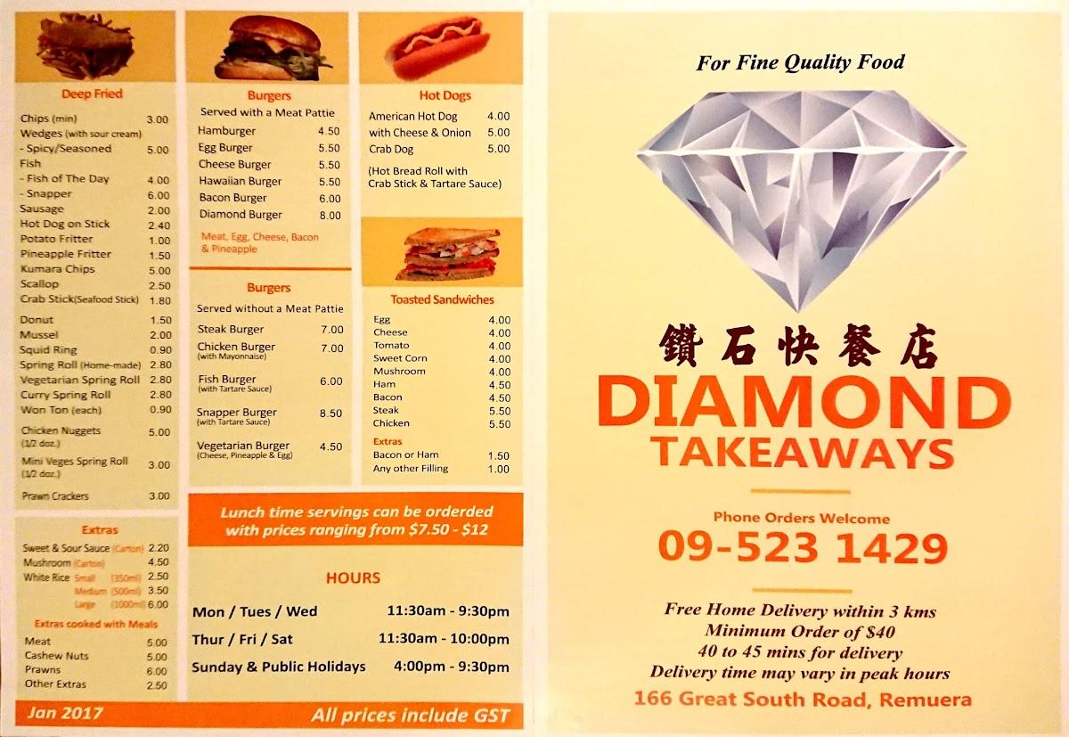 Menu at Diamond Takeaways fast food, Auckland