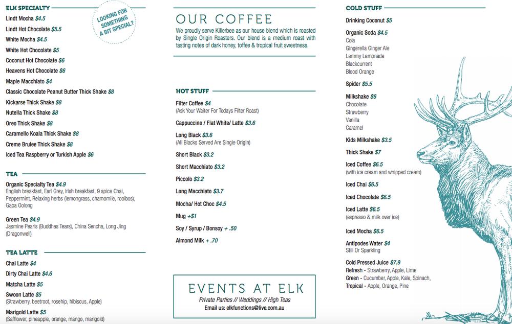 Menu at ELK Espresso cafe, Broadbeach, Shop G044 Oasis Shopping Centre
