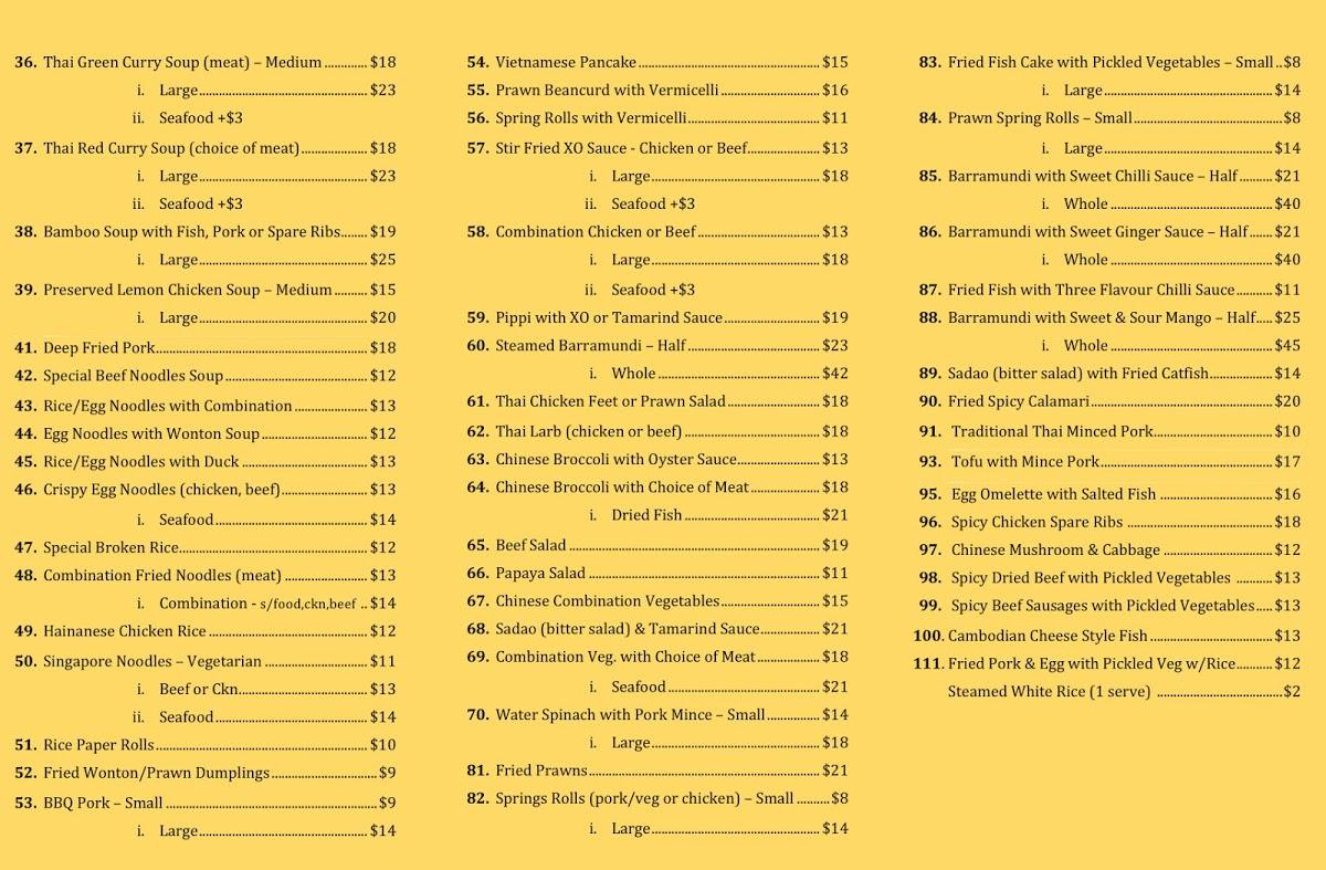 Menu at Golden Cambodian restaurant, Hampton Park