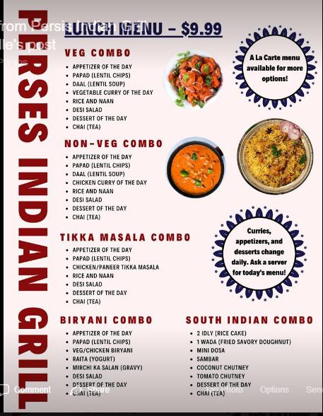 Menu at Persis Biryani Indian Grill restaurant, Greenville