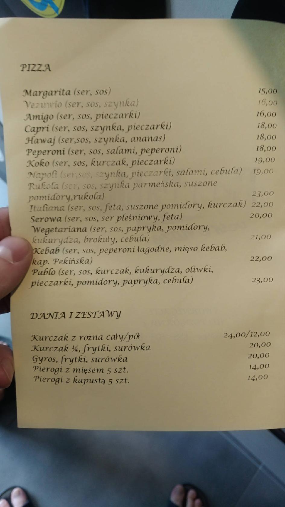 Menu at Pizzeria Don Pablo, Swornegacie