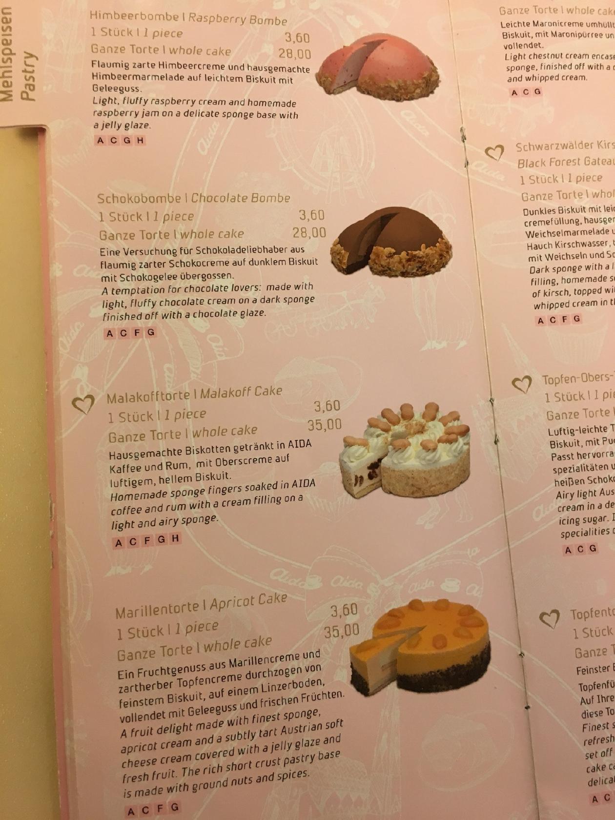 Speisekarte von Aida cafe, Wien, Währinger Str. 47