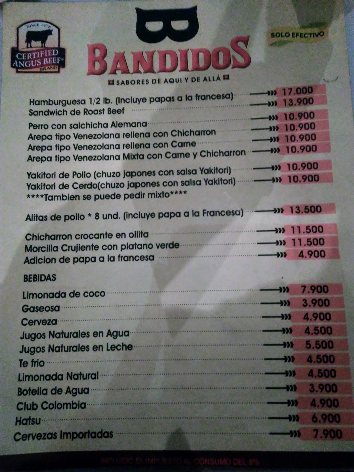 Carta del restaurante Bandidos, Pereira