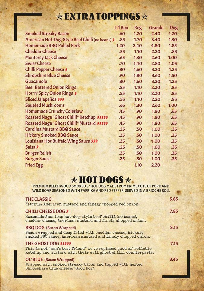 Menu at Boo Koos- Burgers-Shakes-Tex Mex restaurant, Falmouth