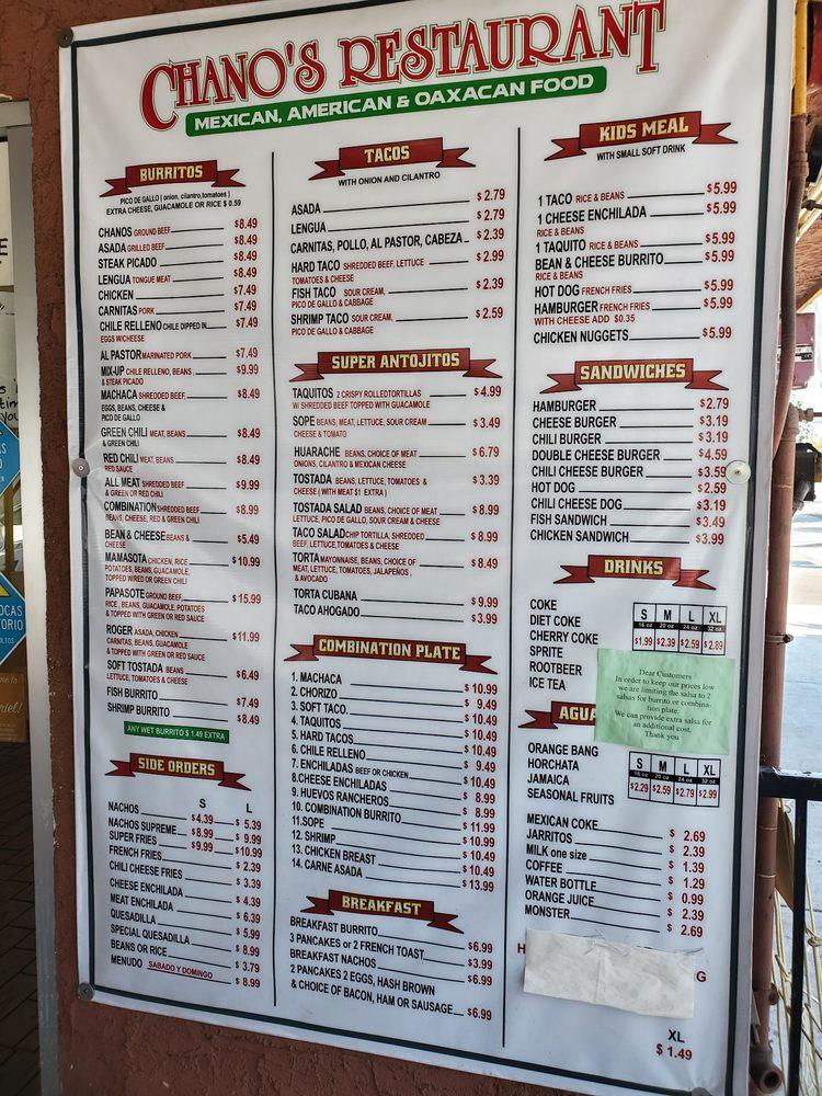 Menu at Chanos Drive-In restaurant, San Gabriel