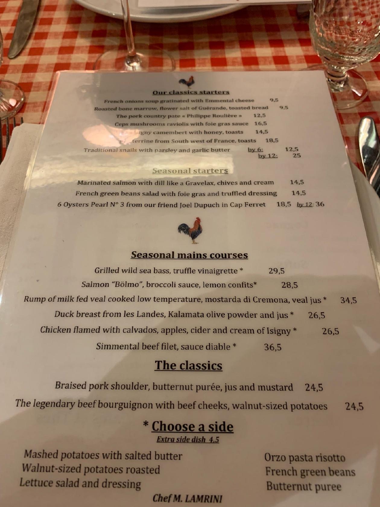 Menu at Chez Fernand Christine restaurant, Paris, 9 Rue Christine