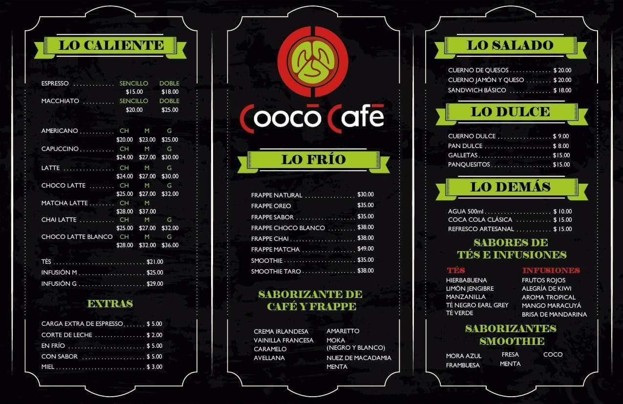 Menu at Coocó Café, Orizaba, Av Oriente 6