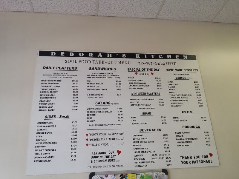 Menu at Deborah's Kitchen restaurant, Philadelphia