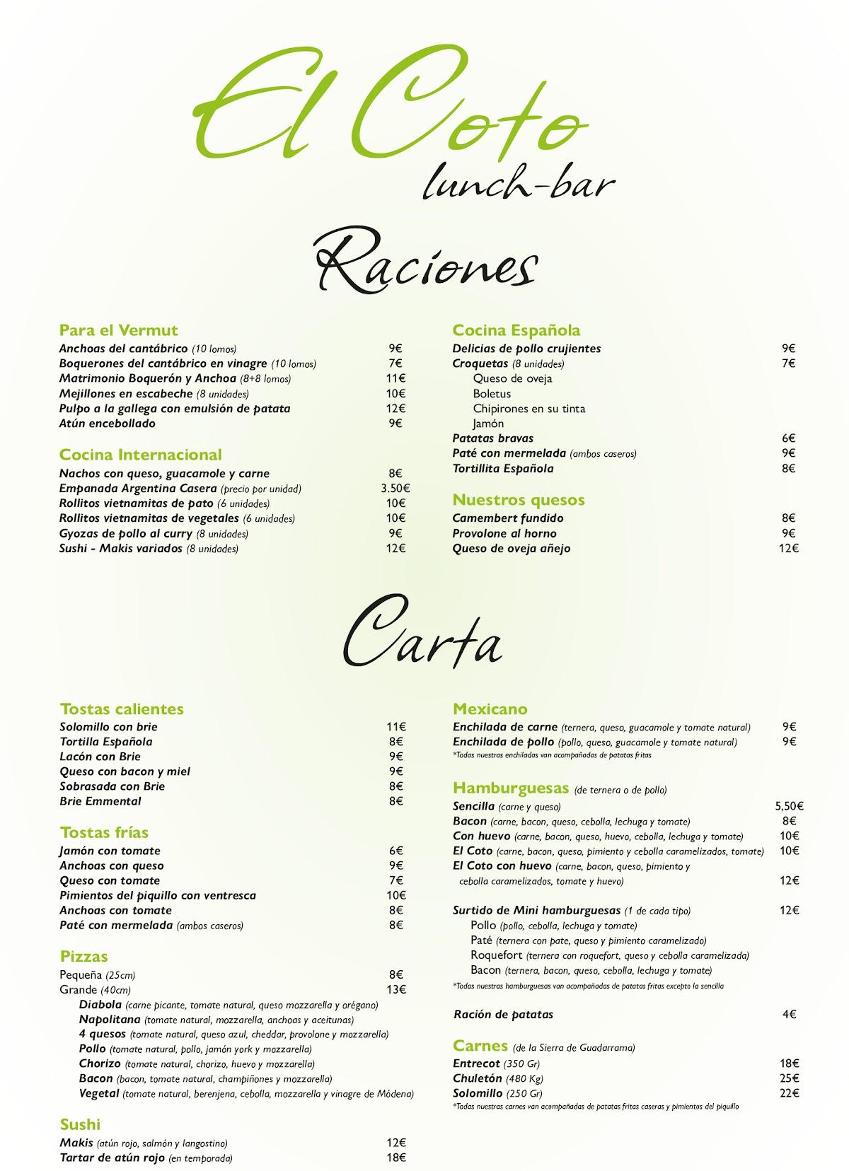 Carta de El Coto Lunch-Bar, Cotos de Monterrey
