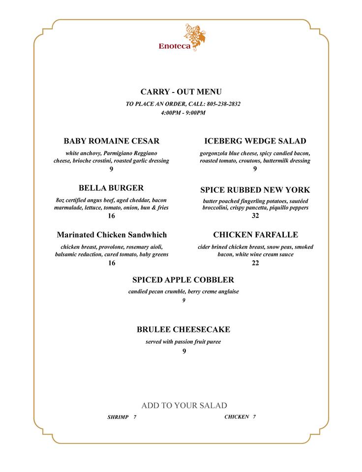 Menu at Enoteca Restaurant & Lounge, Paso Robles