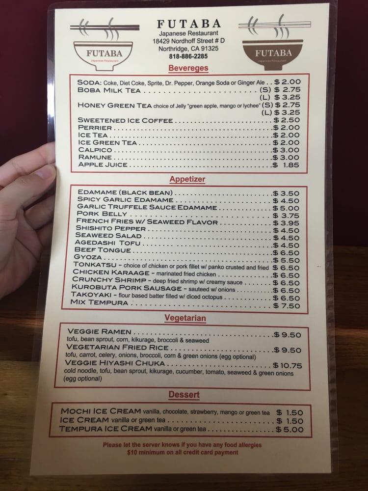 Menu at Futaba restaurant, Los Angeles, Nordhoff St Ste. D