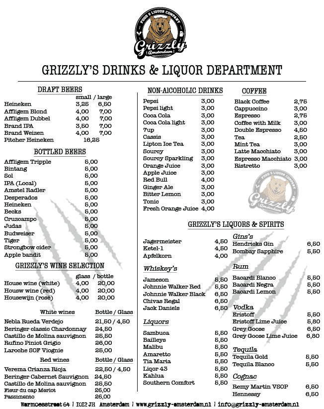 Menu at Grizzly American Restaurant, Amsterdam