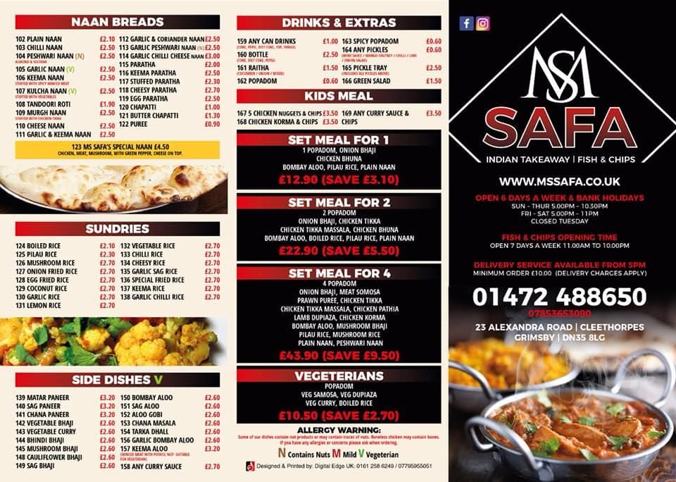 Menu at MS SAFA Fish & Chips And Indian Takeaway restaurant, Cleethorpes