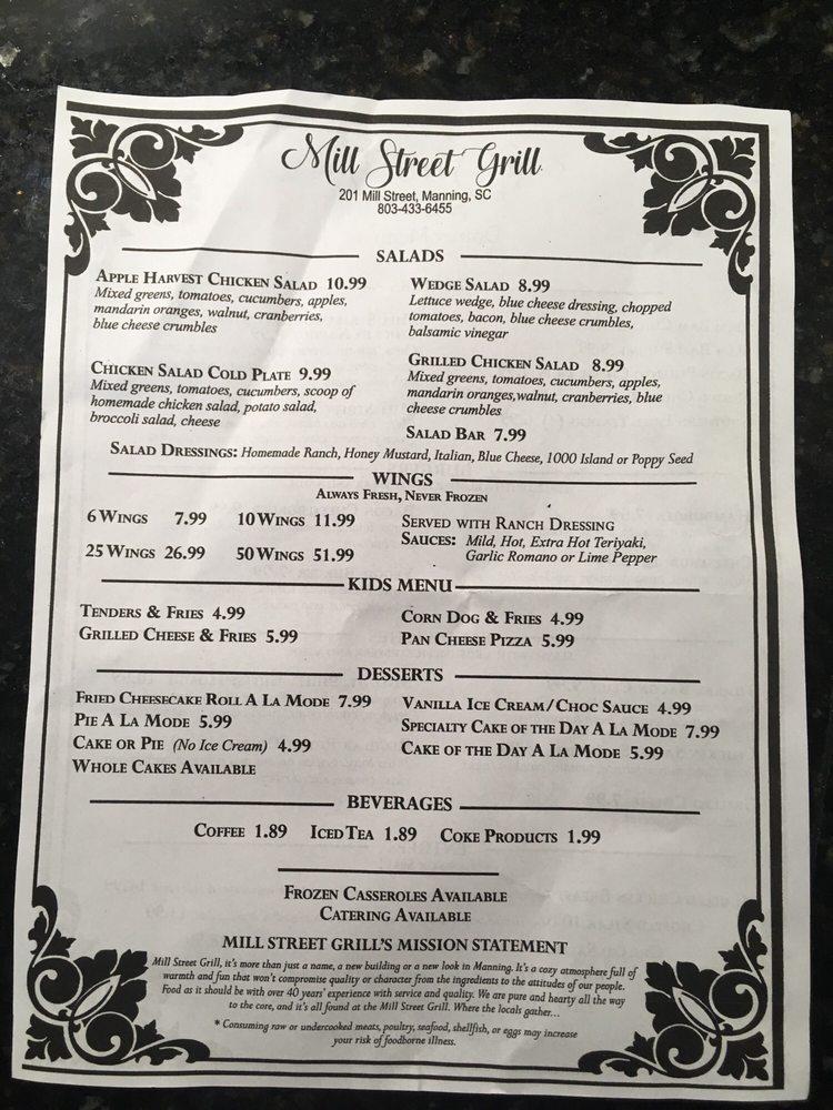 Menu at Mill Street Grill restaurant, Manning