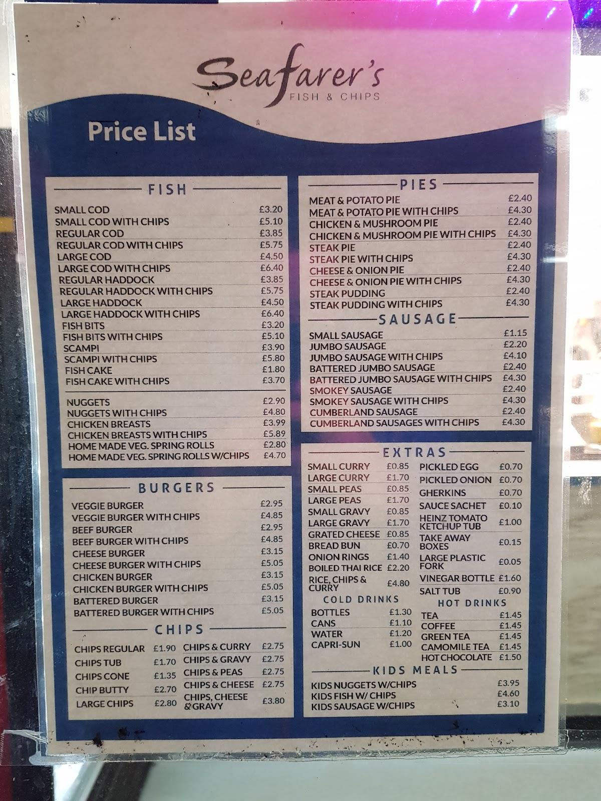 Menu at Seafarers fast food, Windermere