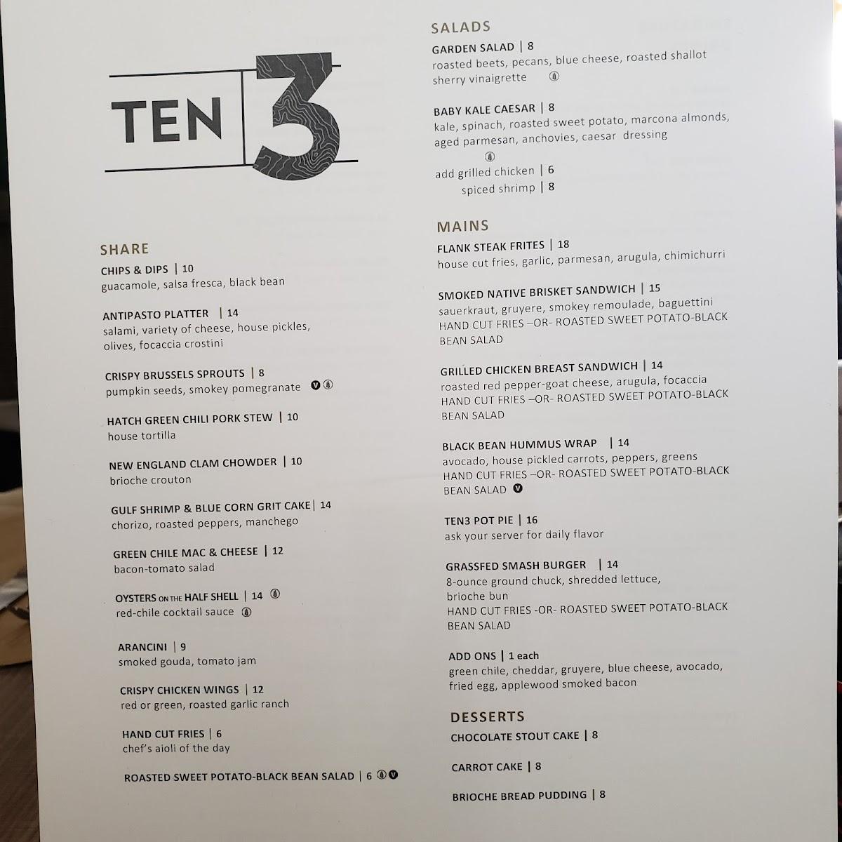 Menu at TEN 3 steakhouse, Albuquerque, 30 Tramway Rd NE