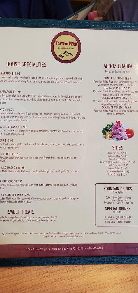 Menu at Taste of Peru | Urban Kitchen & Pisco Bar, Mesa