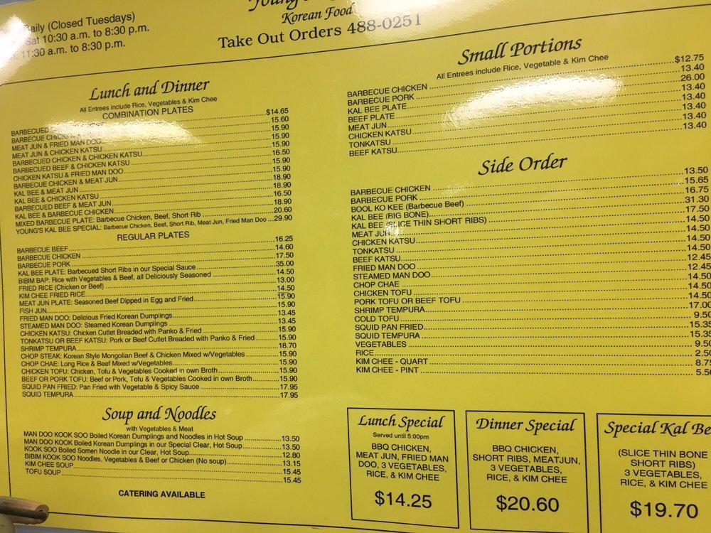 Menu at Young's Kal bee restaurant, Aiea
