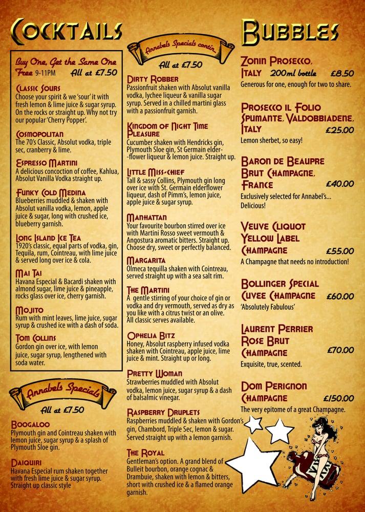 Menu at Annabel's Cabaret and Discotheque, Plymouth