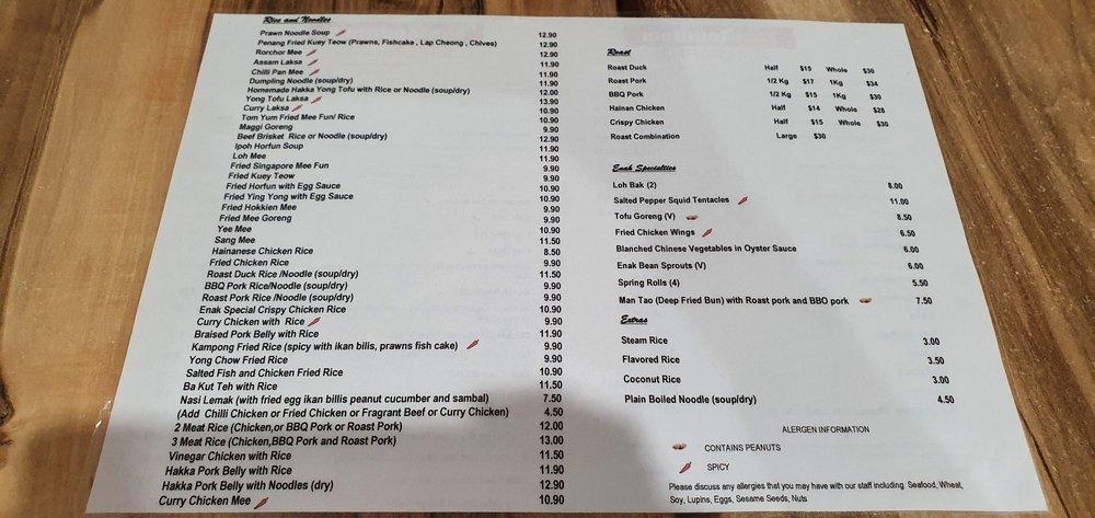 Menu at Enak Kopitiam restaurant, Willetton, shop 11/61 Apsley Rd