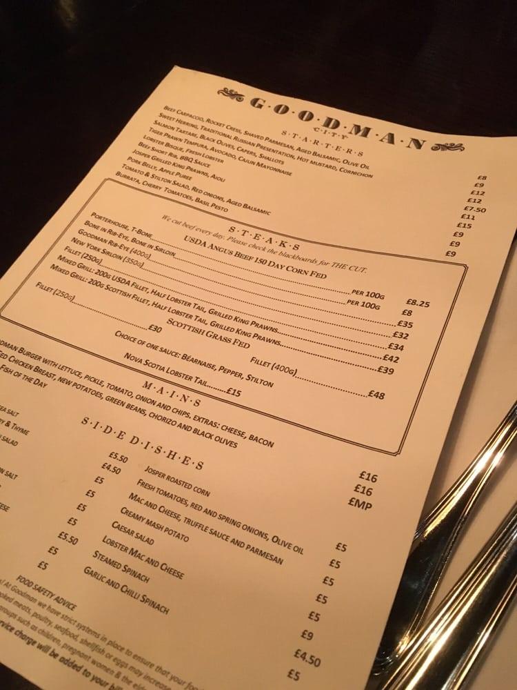 Menu at Goodman City steakhouse, London