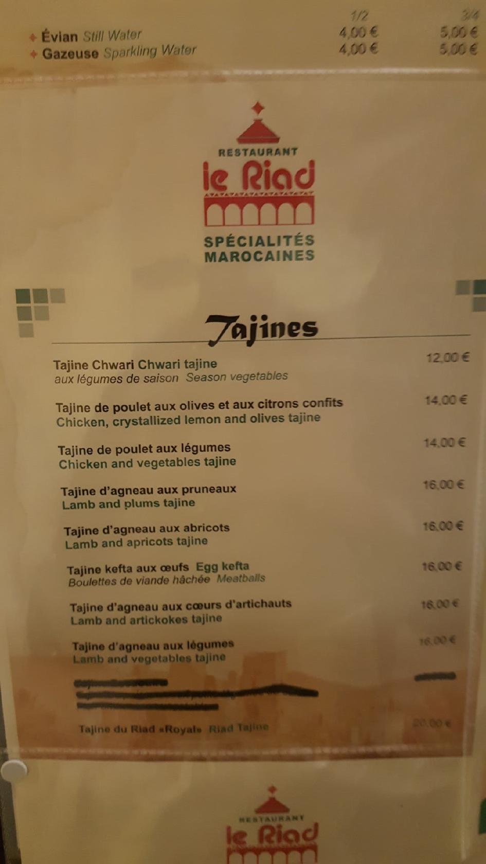 Menu au Le Riad Orange restaurant, Orange