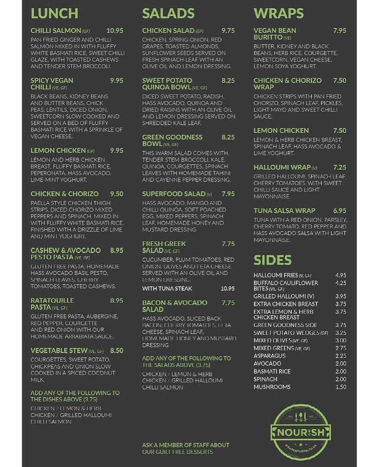 Menu at Nourish cafe, Wilmslow