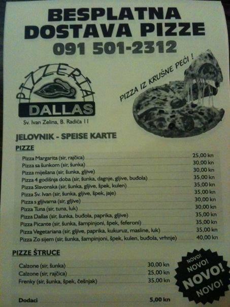 Menu at Pizzeria "Dallas", Sveti Ivan Zelina