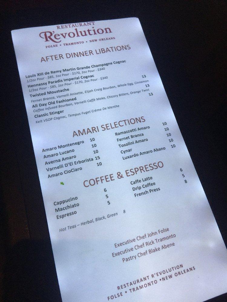 Menu at Restaurant R'evolution, New Orleans