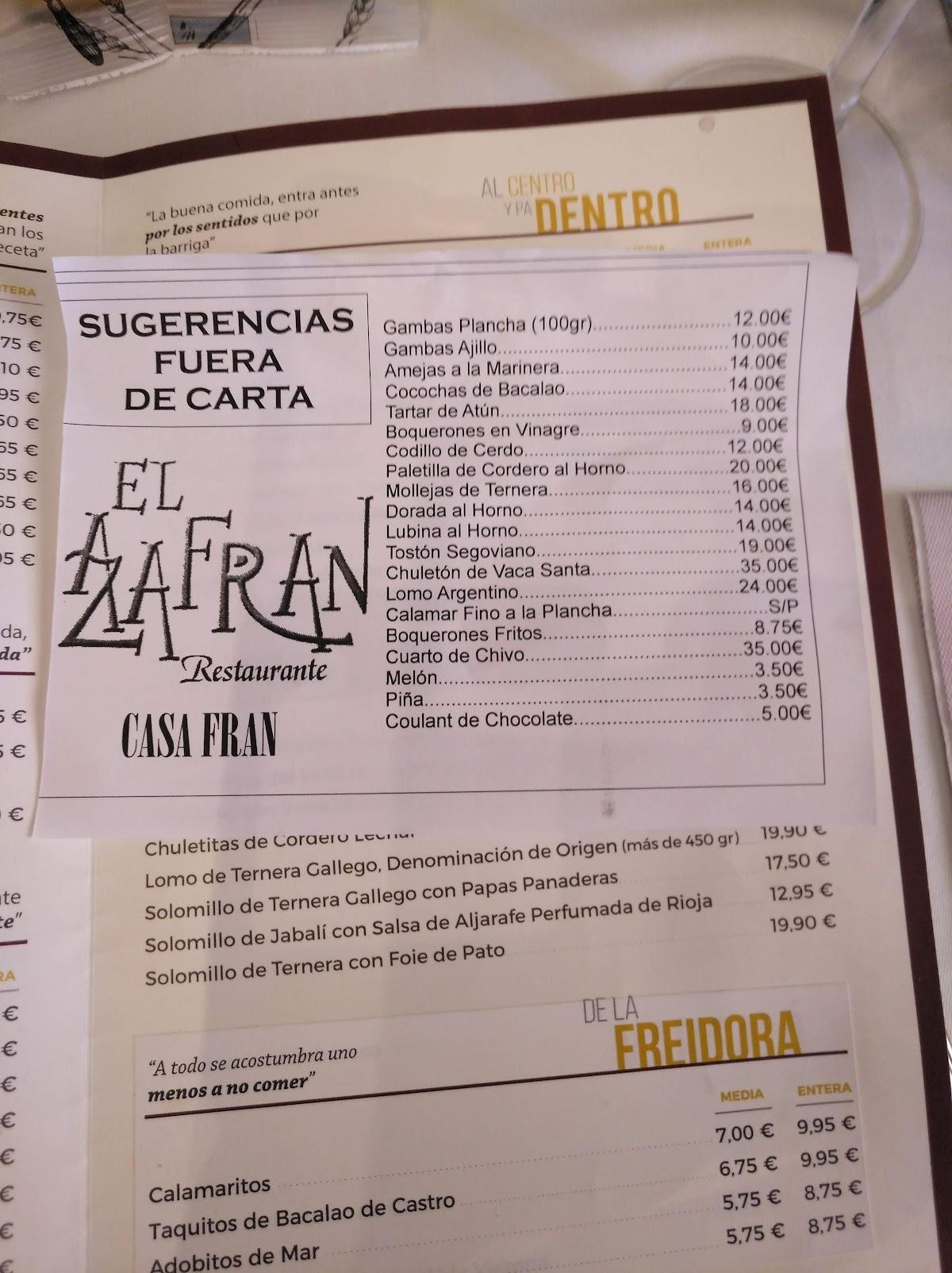 Carta de Restaurante El Azafran, Córdoba