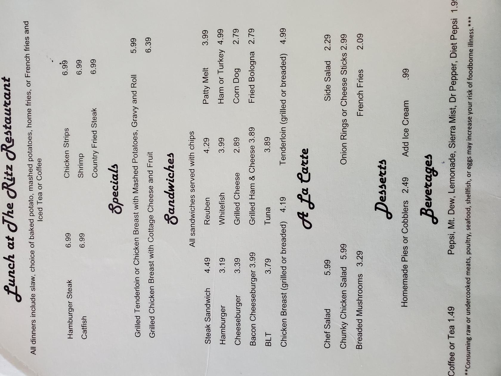 Menu at Ritz Restaurant, Paoli