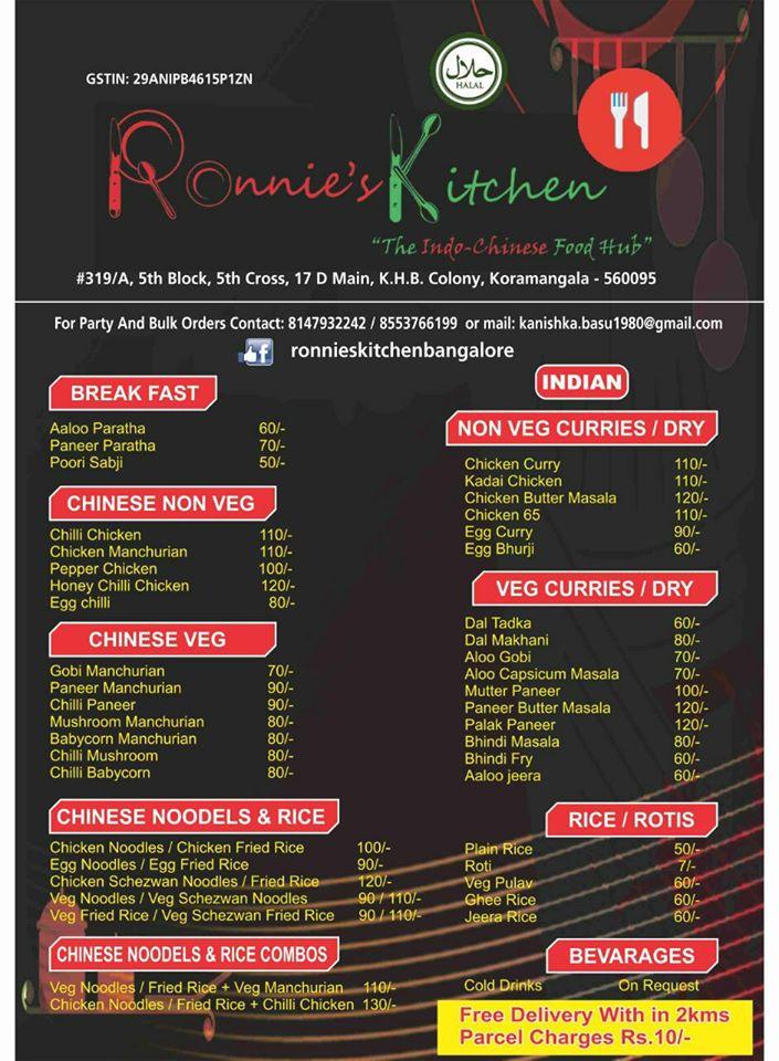 Menu at Ronnie's Kitchen, Bengaluru