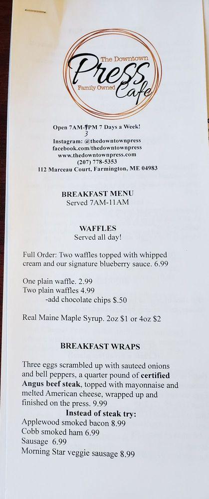 Menu at The Downtown Press Cafe, Farmington